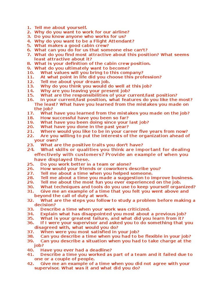 101 Cabin Crew Final Interview Questions (Q ONLY) | PDF | Flight ...
