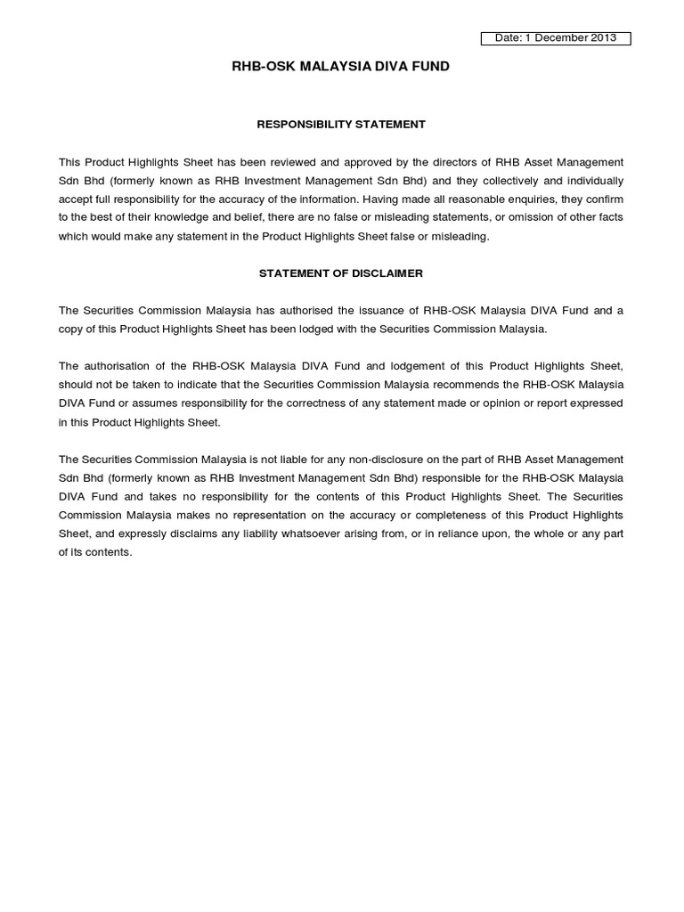 RHB-OSK Malaysia DIVA Fund Product Highlights Sheet | PDF | Bonds ...