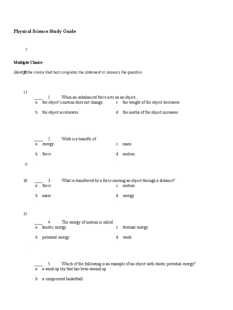 Physical Science Study Guide | PDF | Potential Energy | Force