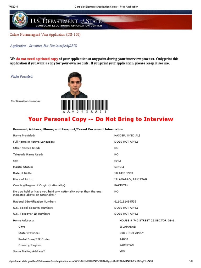 Consular Electronic Application Center - Print Application | PDF ...