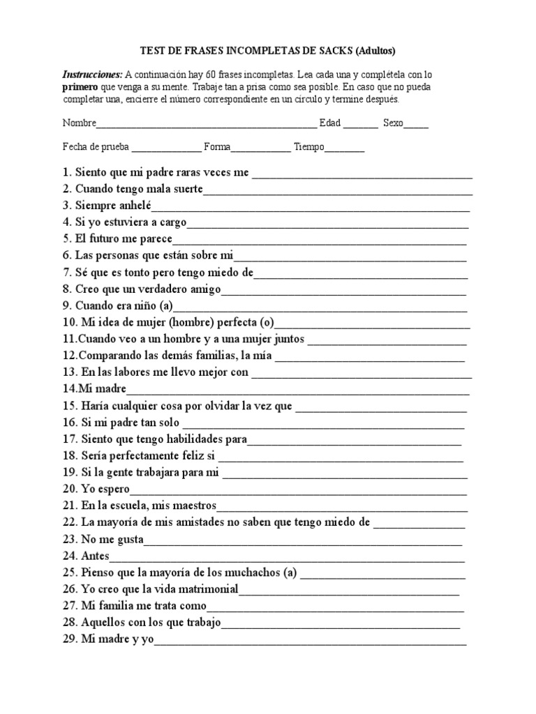 TEST DE FRASES INCOMPLETAS DE SACKS Adultos y Niños | PDF