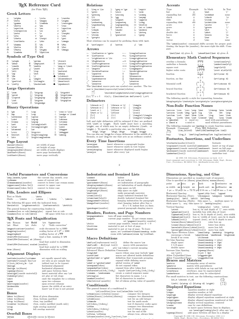 TeX Reference Card PDF | PDF | Typefaces | Matrix (Mathematics)