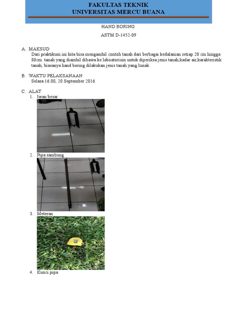 Laporan Praktikum Hand Boring ASTM D-1452 | PDF