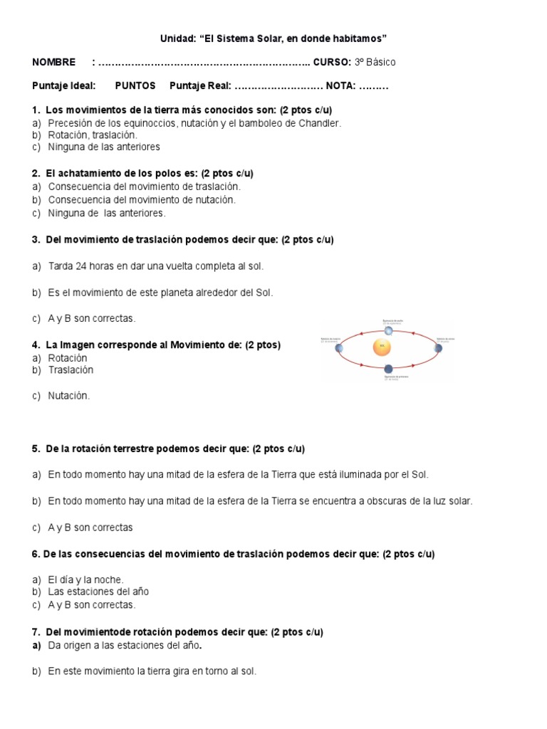 Prueba Del Sistema Solar | PDF | Sistema solar | Planetas