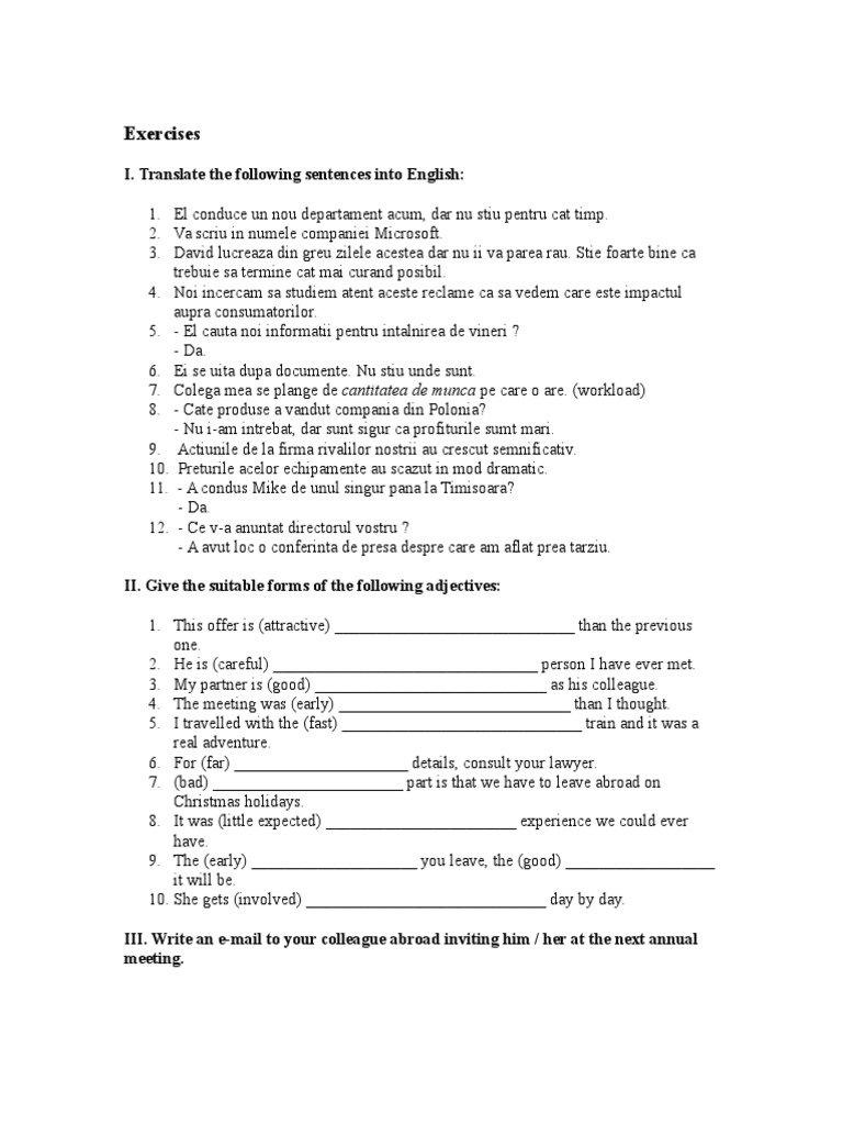 Exercises: I. Translate The Following Sentences Into English | PDF