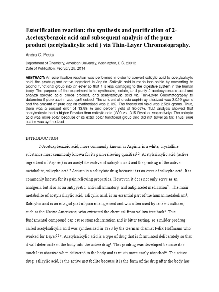 Synthesis and TLC Analysis of Aspirin | PDF | Aspirin | Thin Layer ...