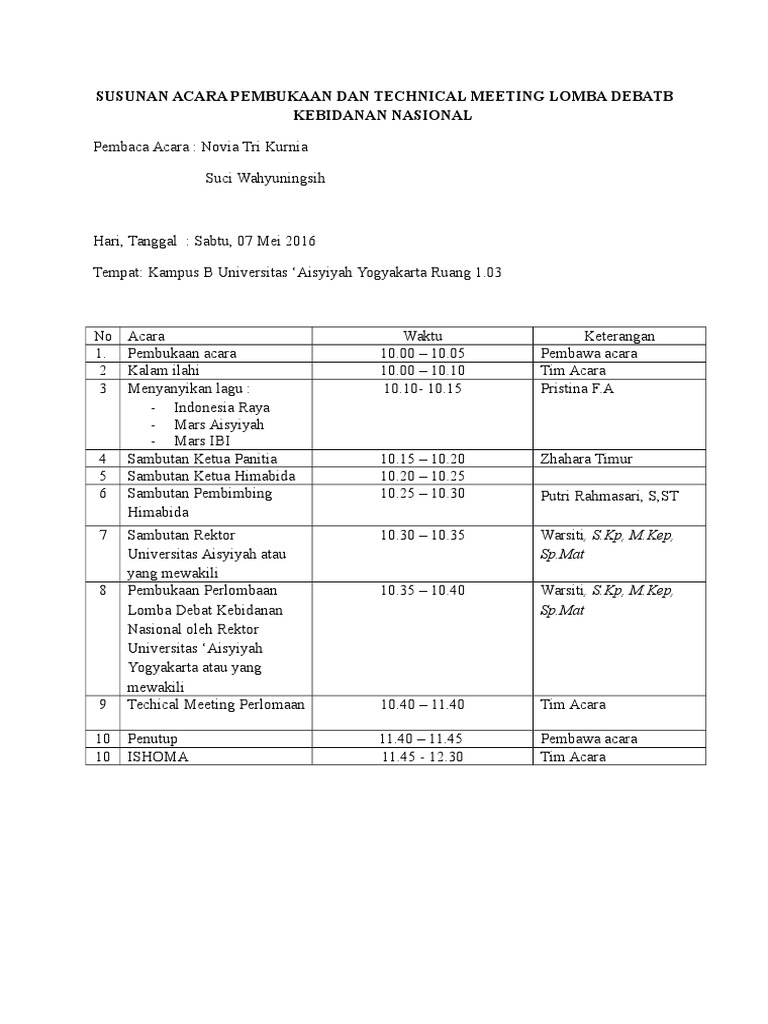 Susunan Acara Pembukaan Dan Technical Meeting Lomba Debatb Kebidanan Nasional | PDF