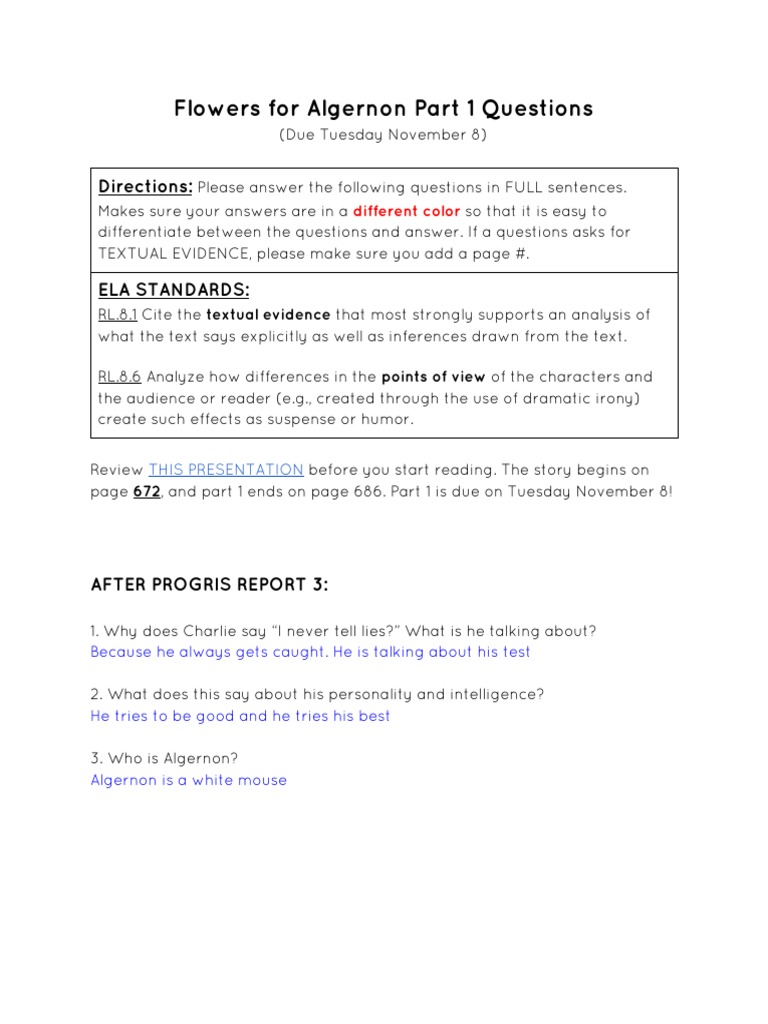 Flowers for Algernon Part 1 Questions | PDF