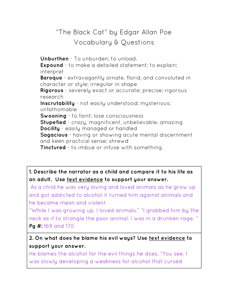 Vocabulary and Questions for "The Black Cat" | PDF