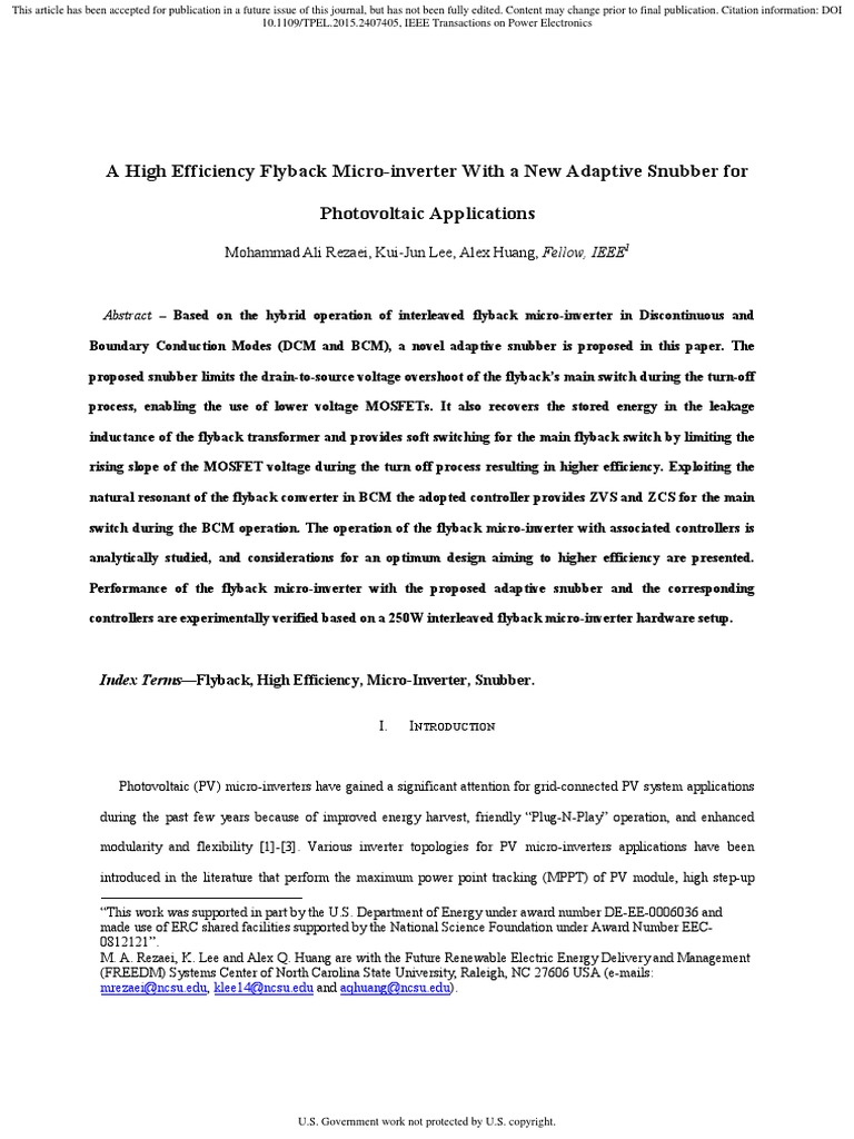 A High Efficiency Flyback Micro-Inverter With A New Adaptive Snubber For Photovoltaic ...