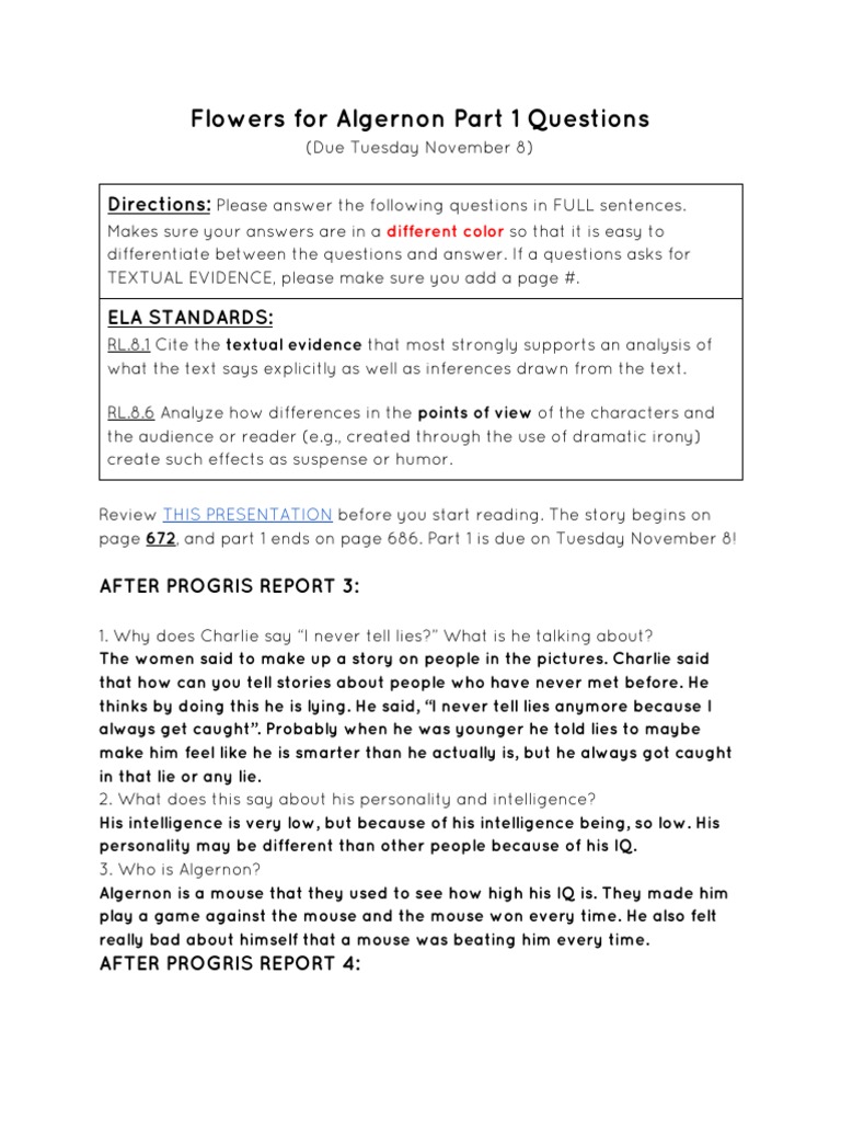 Flowers For Algernon Part 1 Questions: Directions | PDF