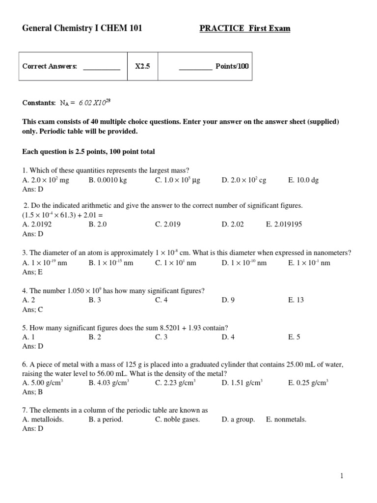 Chem 101 Practice Midterm Exam | PDF | Mole (Unit) | Boron