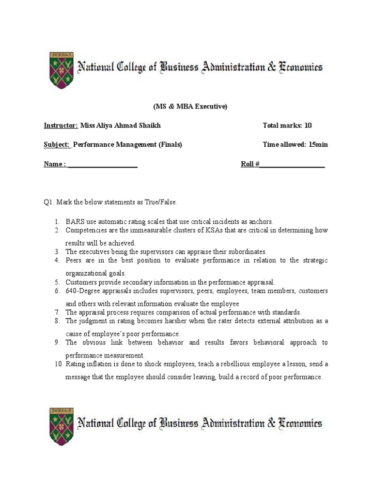 Performance Management Exam for MS & MBA Executives | PDF | Performance ...