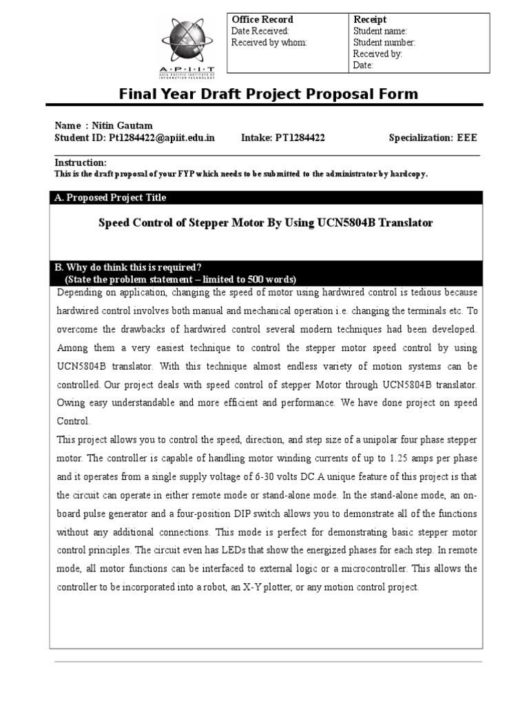 Final Year Draft Project Proposal Form: Speed Control of Stepper Motor by Using UCN5804B ...