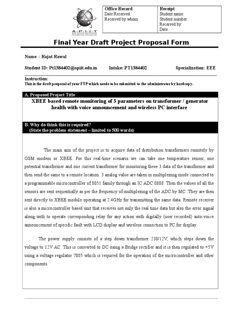 Final Year Draft Project Proposal Form: XBEE Based Remote Monitoring of 3 Parameters On ...