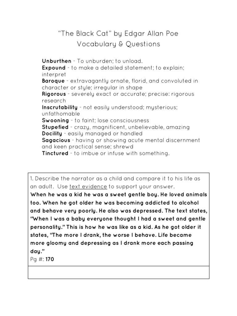 "The Black Cat" by Edgar Allan Poe Vocabulary & Questions | PDF