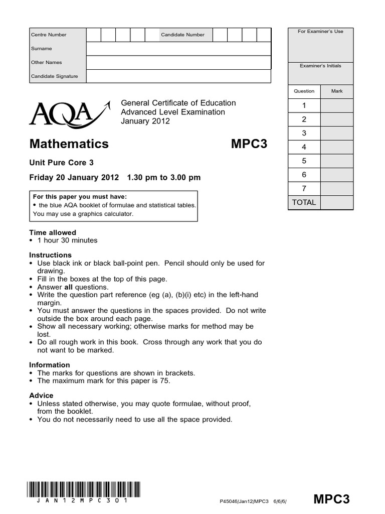 Aqa MPC3 QP Jan12 PDF | PDF | Teaching Methods & Materials