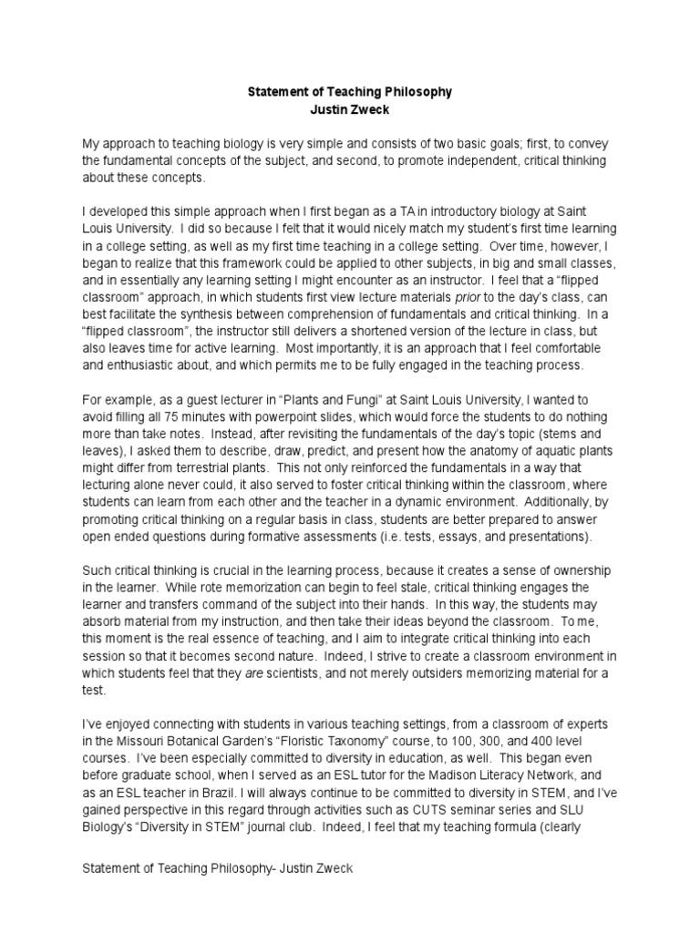 Statement of Teaching Philosophy Justin Zweck | PDF | Critical Thinking ...