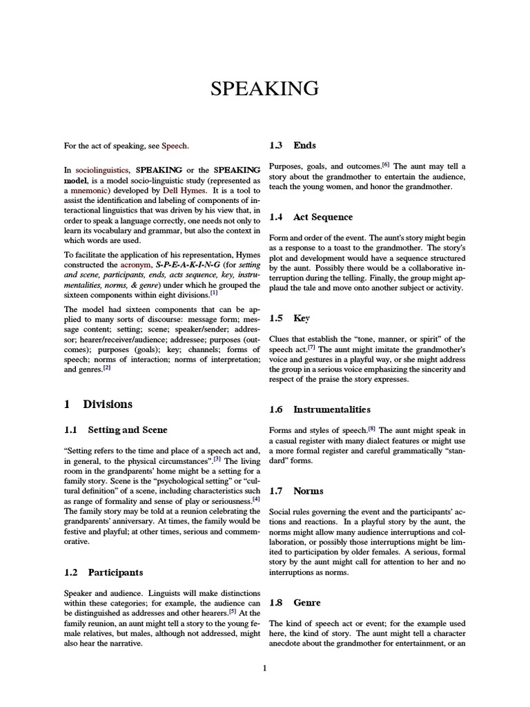 Hymes SPEAKING Model (Wikipedia) | Communication | Linguistics