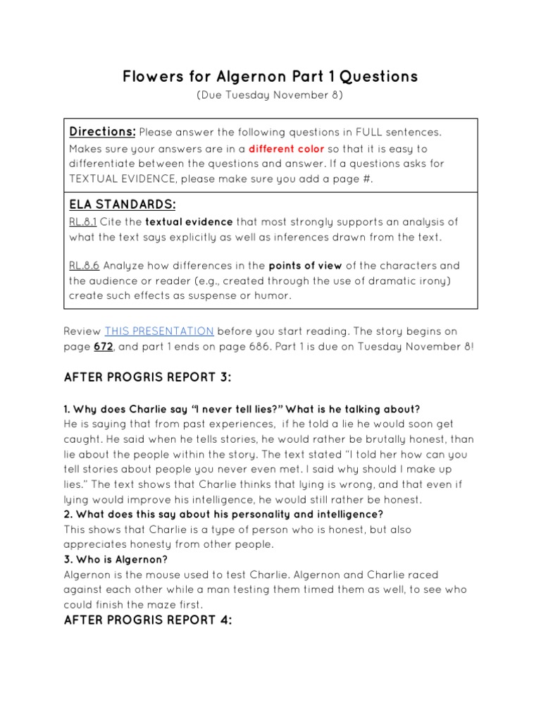 Flowers For Algernon Part 1 Questions: Directions | PDF