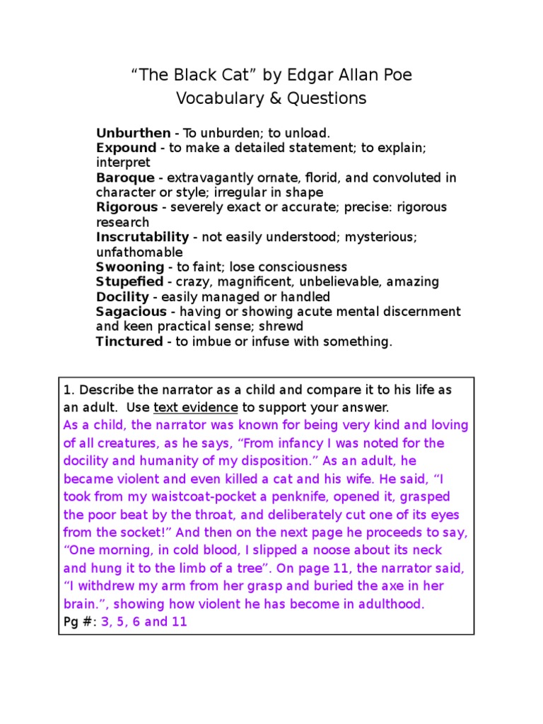 "The Black Cat" by Edgar Allan Poe Vocabulary & Questions | PDF | Anger