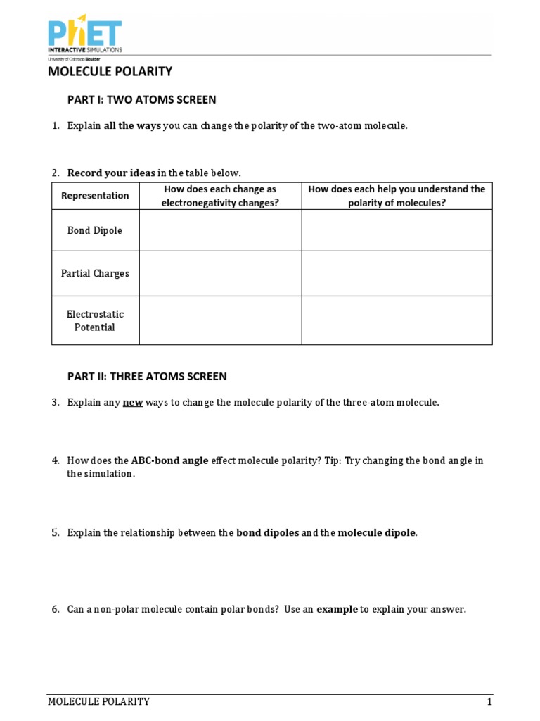 Molecule Polarity Guided Inquiry Studentactivity | PDF