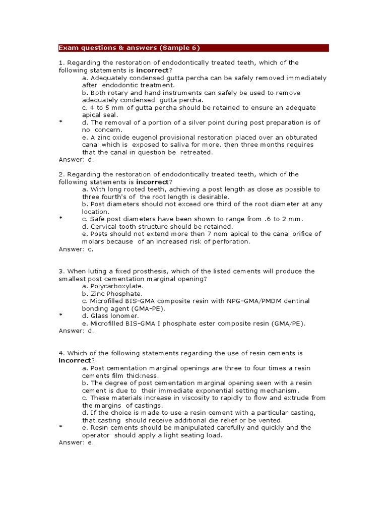Written Exam Sample 6 With Answers | Download Free PDF | Tooth | Dentistry