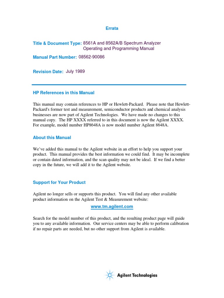 Errata: 8561A and 8562A/B Spectrum Analyzer Operating and Programming ...