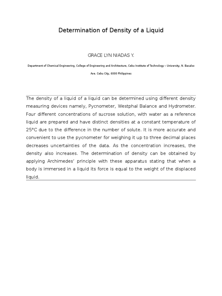 Determination of the Densities of Sucrose Solutions Using Pycnometer, Hydrometer, and Westphal ...