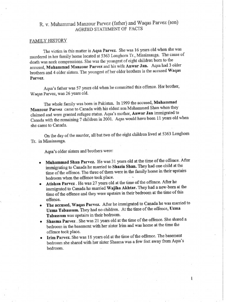 The Aqsa Parvez Honour Killing: Agreed Statement of Facts | PDF ...