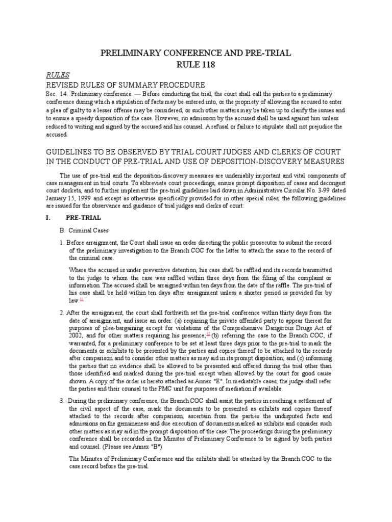 Preliminary Conference and Pre-Trial RULE 118: Rules | PDF ...