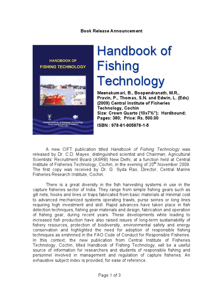 Handbook of Fishing Technology - CIFT Book Release Brochure | PDF ...