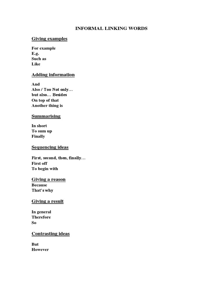 Informal Linking Words Guide | PDF | Language Arts & Discipline