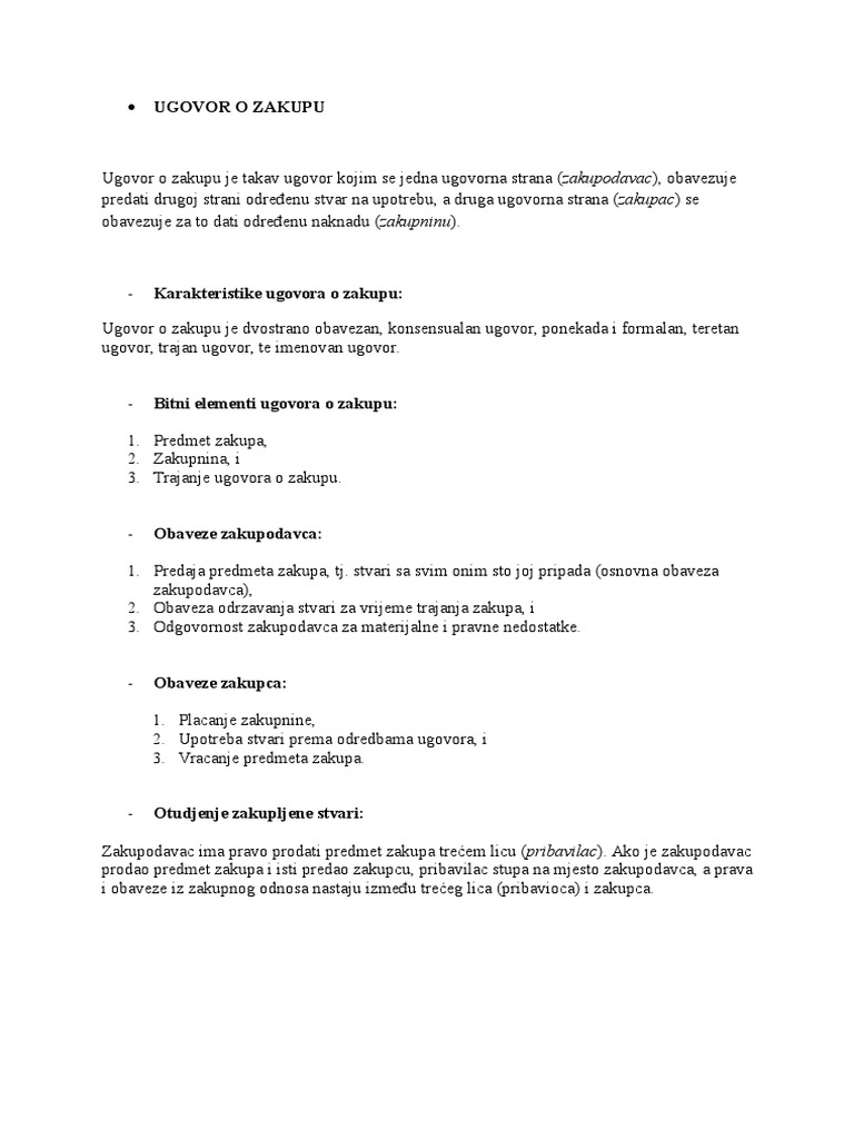 Ugovor o Zakupu, Ugovor o Zajmu I Ugovor o Dozivotnom Izdrzavanju | PDF