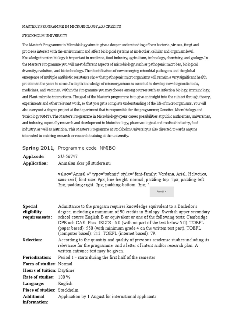 Master's Programme in Microbiology, Stockholm Uiversity-1 | PDF ...