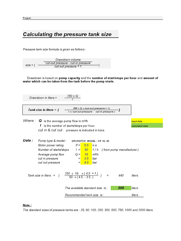 Calculating The Pressure Tank Size: Where: Q Cut in & Cut Out | PDF ...