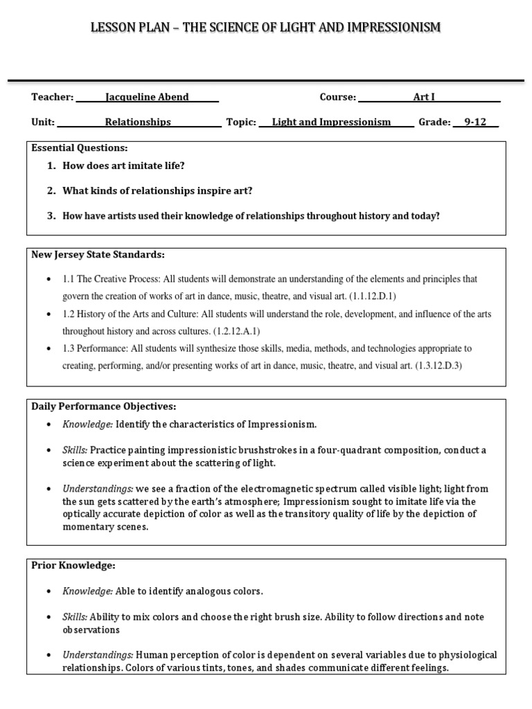 Lesson Plan - The Science of Light and Impressionism | PDF ...