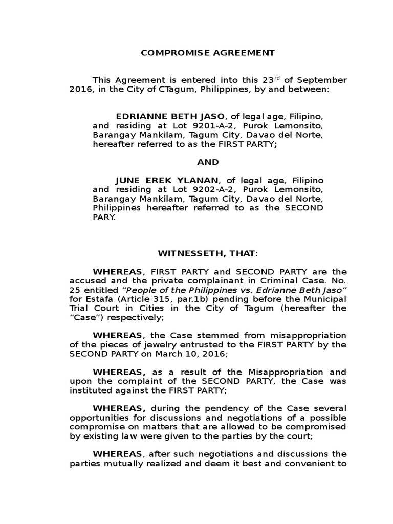 221093334 Sample Compromise Agreement | Private Law | Virtue