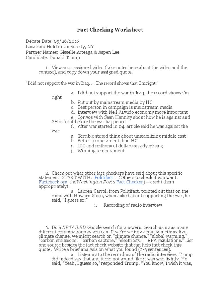 Factcheckingworksheet Gissellearteaga | PDF | Donald Trump | American ...