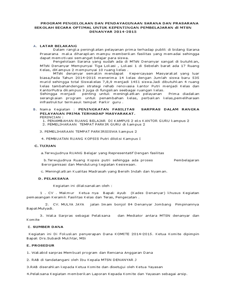 Program Pengelolaan Dan Pendayagunaan Sarana Dan Prasarana Sekolah Secara Optimal Untuk ...