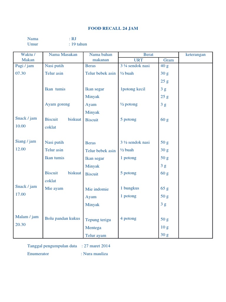 Food Recall 24 Jam | PDF