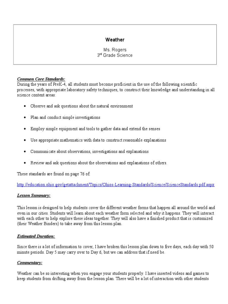 3rd Grade Lesson Plan - Weather | PDF | Lesson Plan | Science
