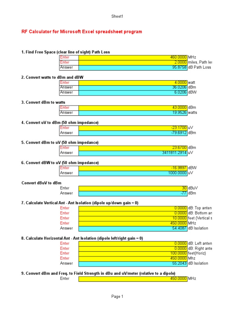RF Calculator For Microsoft Excel Spreadsheet Program: Enter Enter | PDF