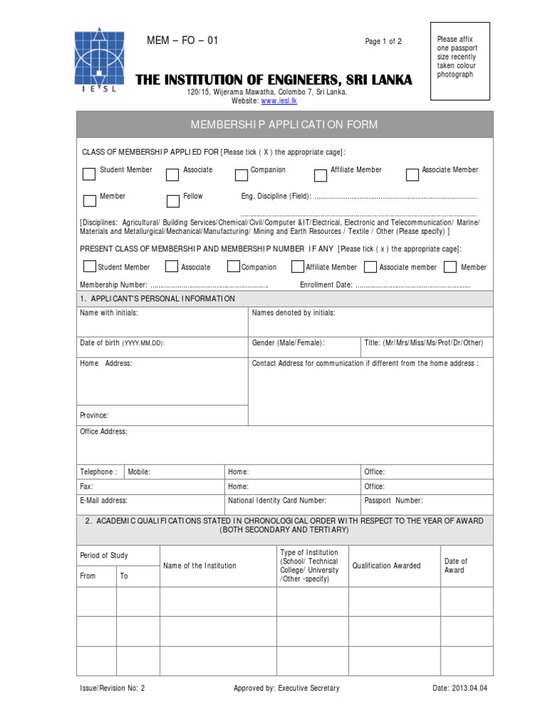 Application For Membership PDF | PDF | Identity Document | Science