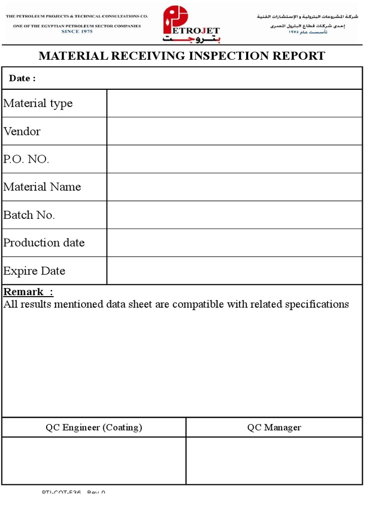 Material Receiving Inspection Report: Material Type Vendor P.O. NO ...