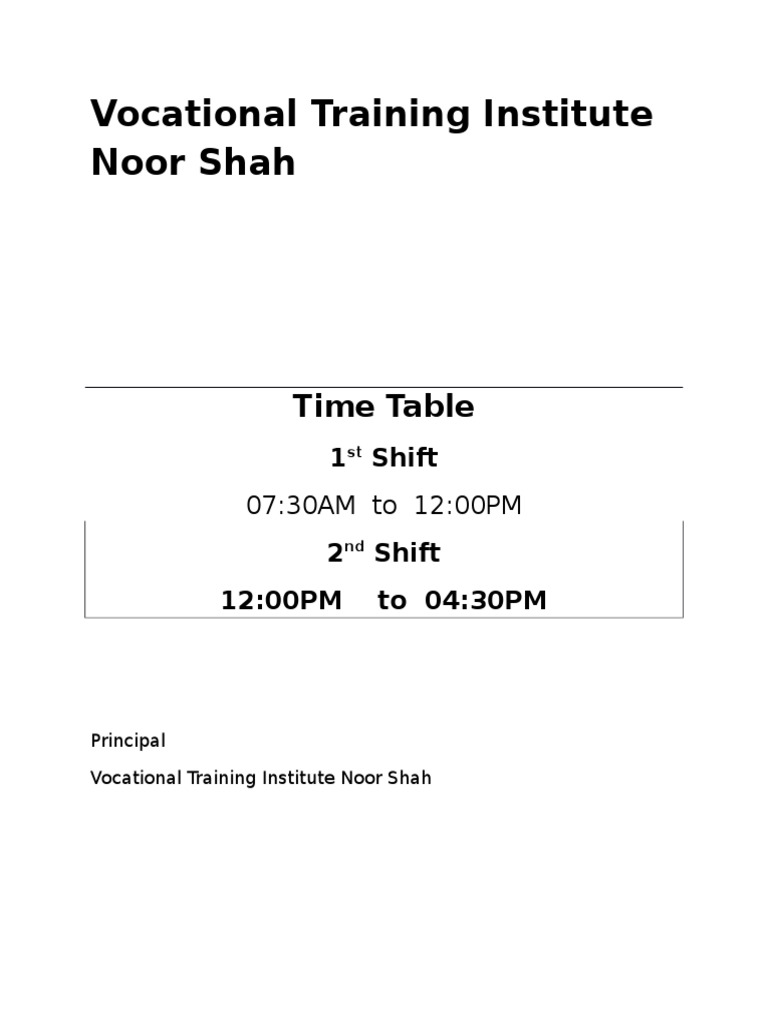 Vocational Training Institute Noor Shah Time Table | PDF