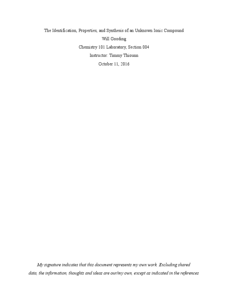 The Identification of Unknown Compound Lab Report | PDF | Precipitation ...