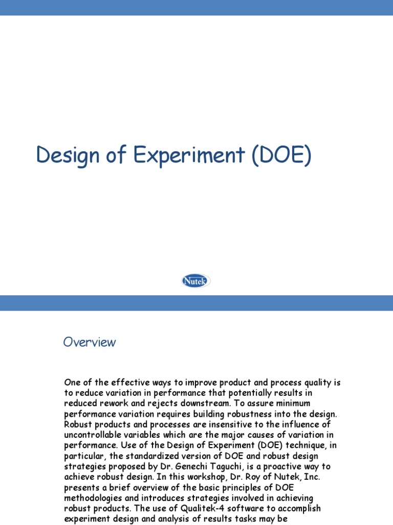 Design of Experiment (DOE) : 9/27/2004 R. Roy/Nutek, Inc. Robust ...