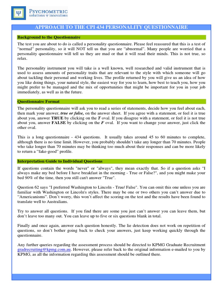 CPI Questionnaire Instructions | PDF | Questionnaire | Educational ...