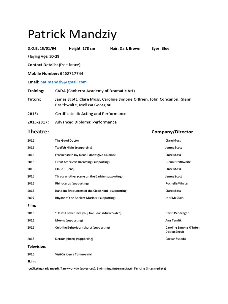 Patrick Mandziy Acting CV | PDF
